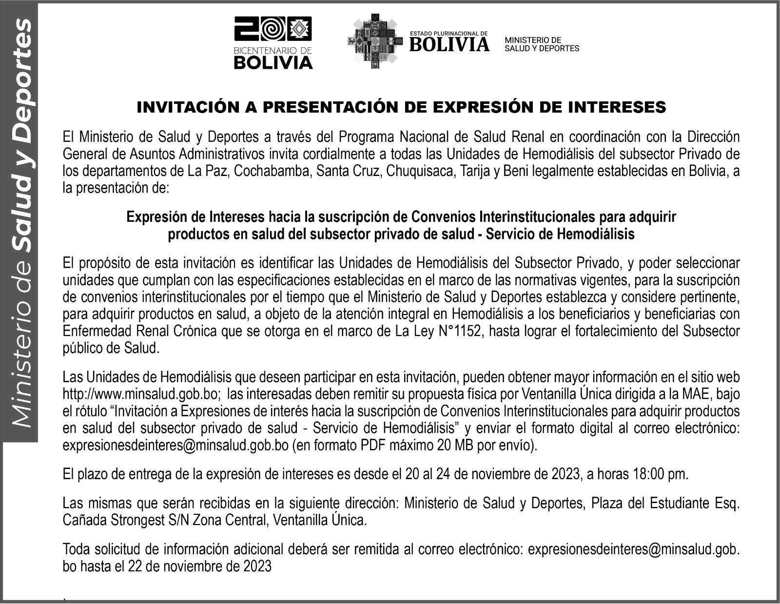 Ministerio de Salud y Deportes de Bolivia - Invitación a Presentacion ...